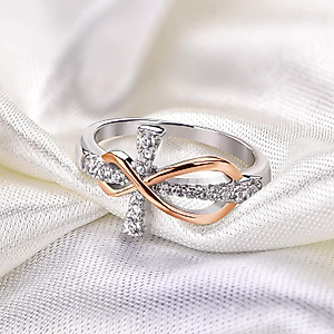 JO WISDOM 925 Sterling Silver Cubic Zirconia Cross Infinity Ring,Rose Gold Women's Infinity Wedding Engagement Statement Rings