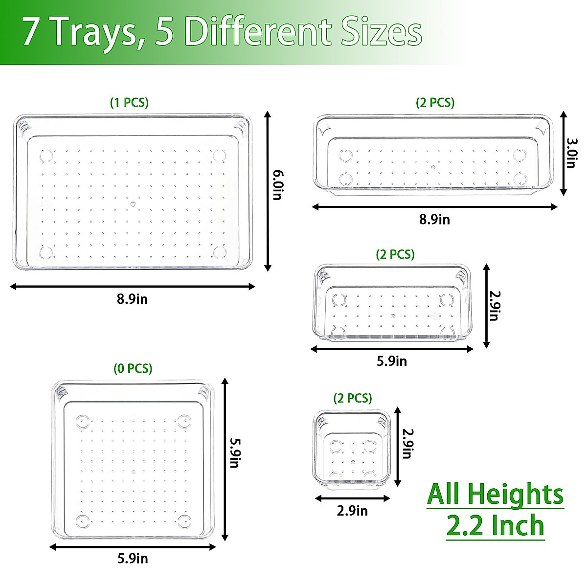 7 PCS Plastic Clear Drawer Organizer Set, 4 Sizes Desk Office Drawer Organizing Trays and Divider,Storage Bins for Makeup,Snack,Jewelry,Kitchen,Bedroom, Bathroom vanity Accessories Containers