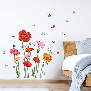 wondever Summer Red Poppy Flowers Wall Stickers Floral Peel and Stick Wall Art Decals for Baby Nursery Girls Bedroom