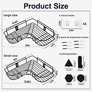 Huryfox Corner Shower Caddy Bathroom Organizer Shower Shelf with Hooks, Adhesive Shower Shelves, Wall Mounted Shampoo Holder, 2 Pack Shower Racks for Inside Shower, Black