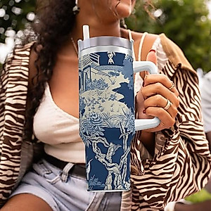 Xiexide 40oz Fits Cup Holder Gifts Ancient Blue And White Chinese Style Chinoiserie Folk Double Walled Vacuum Insulatedith Handle And Straw,Hot & Cold Drinks