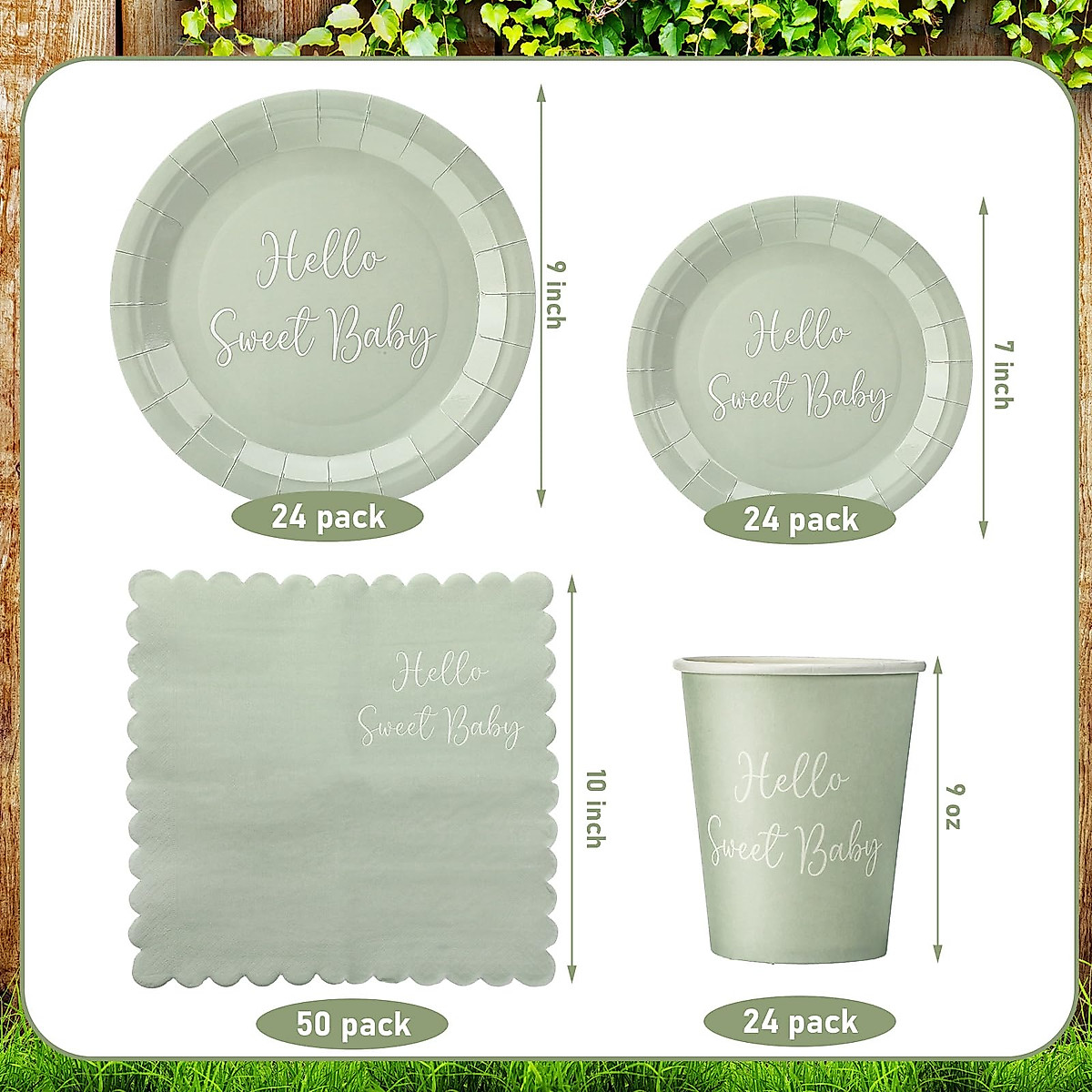Mifoci 122 Pcs Baby Shower Sage Green Party Supplies Include 7 Inch 9 Inch Disposable Sage Green Paper Plates 9 oz Paper Cup Sage Green Napkin Cocktail Napkins