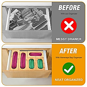 Bag Storage Organizer for Kitchen Drawer, Bamboo Organizer, Compatible with Ziplock Gallon, Quart, Sandwich and Snack Variety Size Bag (Parted)