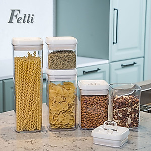Felli Flip Tite Food Storage Container 5PC Variety Set White Lids Airtight Seal Pantry Fridge Organizer Kitchen Counter Organization Canister Spice Snack Pasta Candy Coffee Bean Valentines Day Gifts for Women