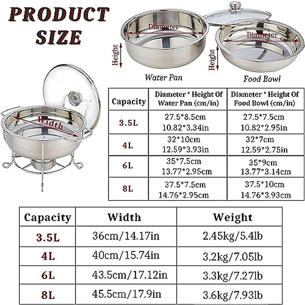Chafing Dish Set, Stainless Steel Food Warmer with Water/Food Pans and Fuel Holders, Chafing Buffet Server Warming Tray for Kitchen Caterings Banquet Parties