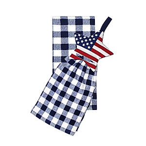 Celebrate Patriotic Kitchen Towels, Set of 2 Coordinating Cotton Terry Dishtowels, Red, White, Blue Flag Star Tie Top and Blue White Buffalo Plaid for 4th of July, Memorial or Labor Day