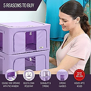Foldable Clothes Storage Bag Organizer Pop Up Bins Strong Handle Quality Fabric for Collapsible Closet Boxes 4 Pack (Large) (Lavender)