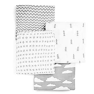 Muslin Swaddle Blankets – Soft Pure Cotton Muslin Blankets – 4 Pack of Breathable Swaddle Blankets – Unisex Baby Swaddle Blanket Set in Grey/White Designs – Multi Use Muslin Blankets – 47 x 47 inches
