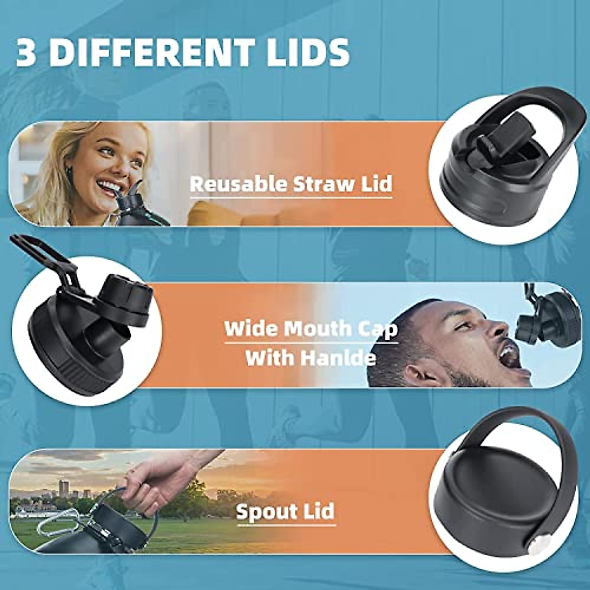 AMDISIC One Gallon Vacuum Insulated Water Bottle Stainless Steel 128oz Large Water Jug Black with 3 Lids & Braided Rope Handle for Outdoor Hiking Camping Sport Hot Cold Drink (Indigo/Black)