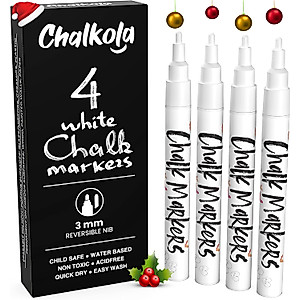 White Chalk Markers Fine Tip (4 Pack 3mm) - Wet & Dry Erase Chalk Pens for Blackboard, Chalkboards, Windows, Signs, Glass, Bistro - 3mm Reversible Bullet & Chisel Point