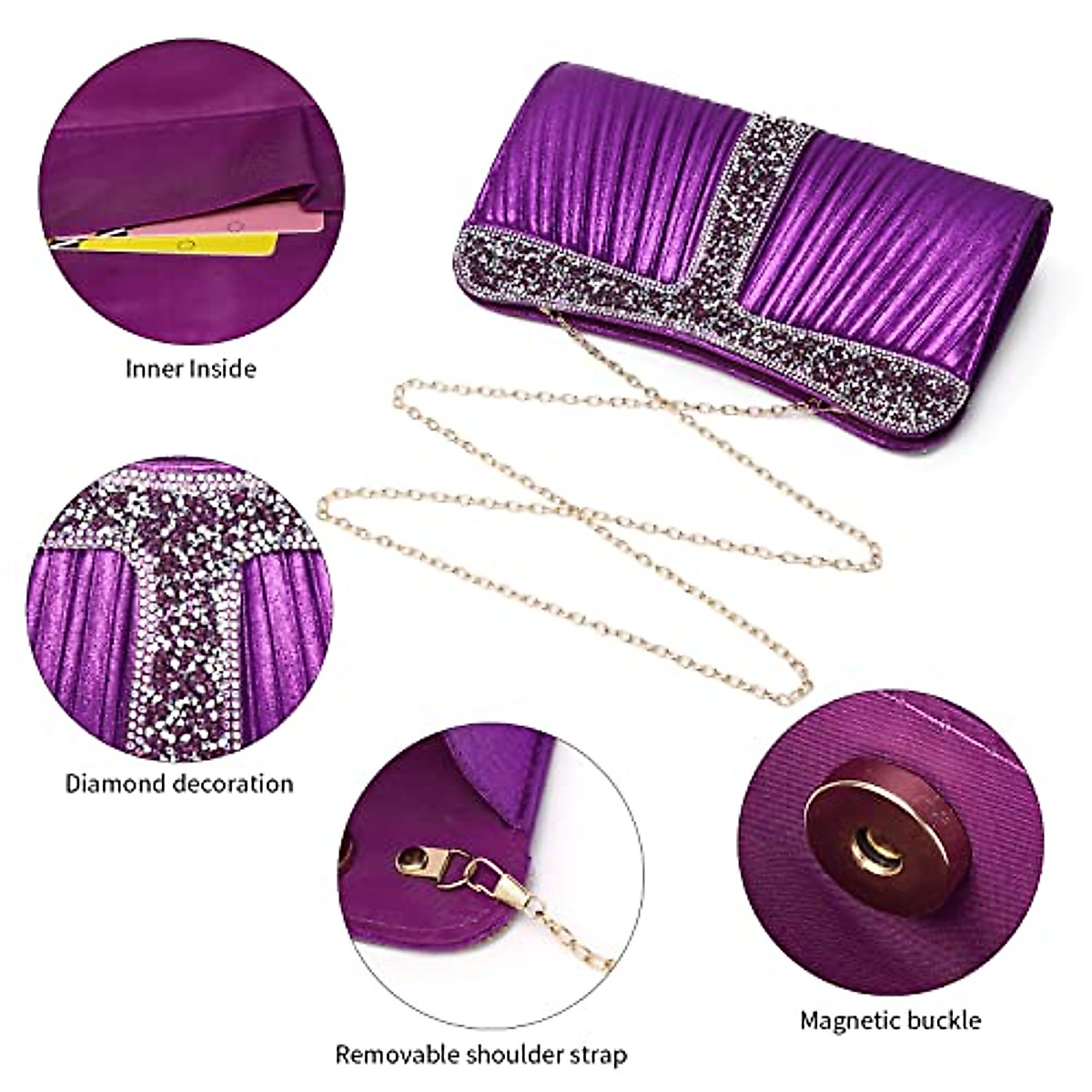 GESU Womens Clutch Purse Rhinestone Evening Bag Wedding Bridal Prom Purse Formal Party Handbag. (Purple)