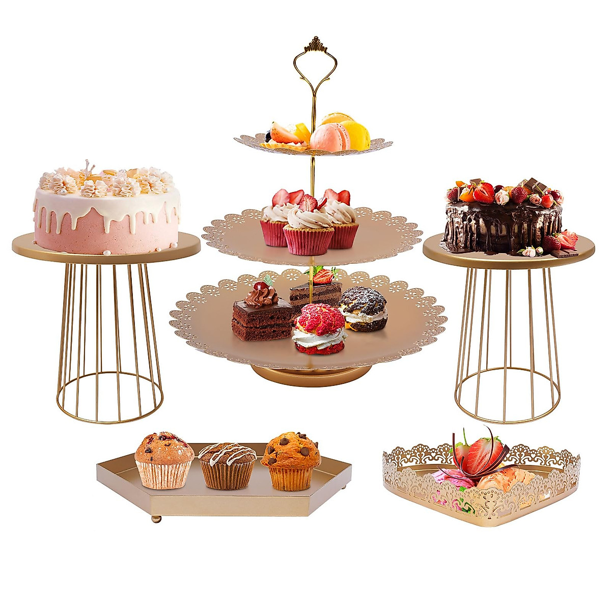 Gold Cake Stands Set Cake Pedestal Display Table Tiered Cupcake Holder Metal Round&Geometric Dessert Holder Set Candy Pastry Plate Decorating for Anniversary Wedding Birthday Party