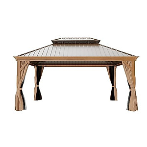 GAZEBEST 12' X 16' Hardtop Gazebo, Outdoor Aluminum Patio Gazebo Double Roof Galvanized Steel Wooden Finish Coated Canopy with Netting and Curtains for Garden, Patio, Backyard, Deck and Lawns.