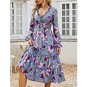 KOJOOIN Womens Long Sleeve Deep V Neck Ruffle Floral Print Maxi Dress High Elastic Waist Flowy Beach Dress Blue M
