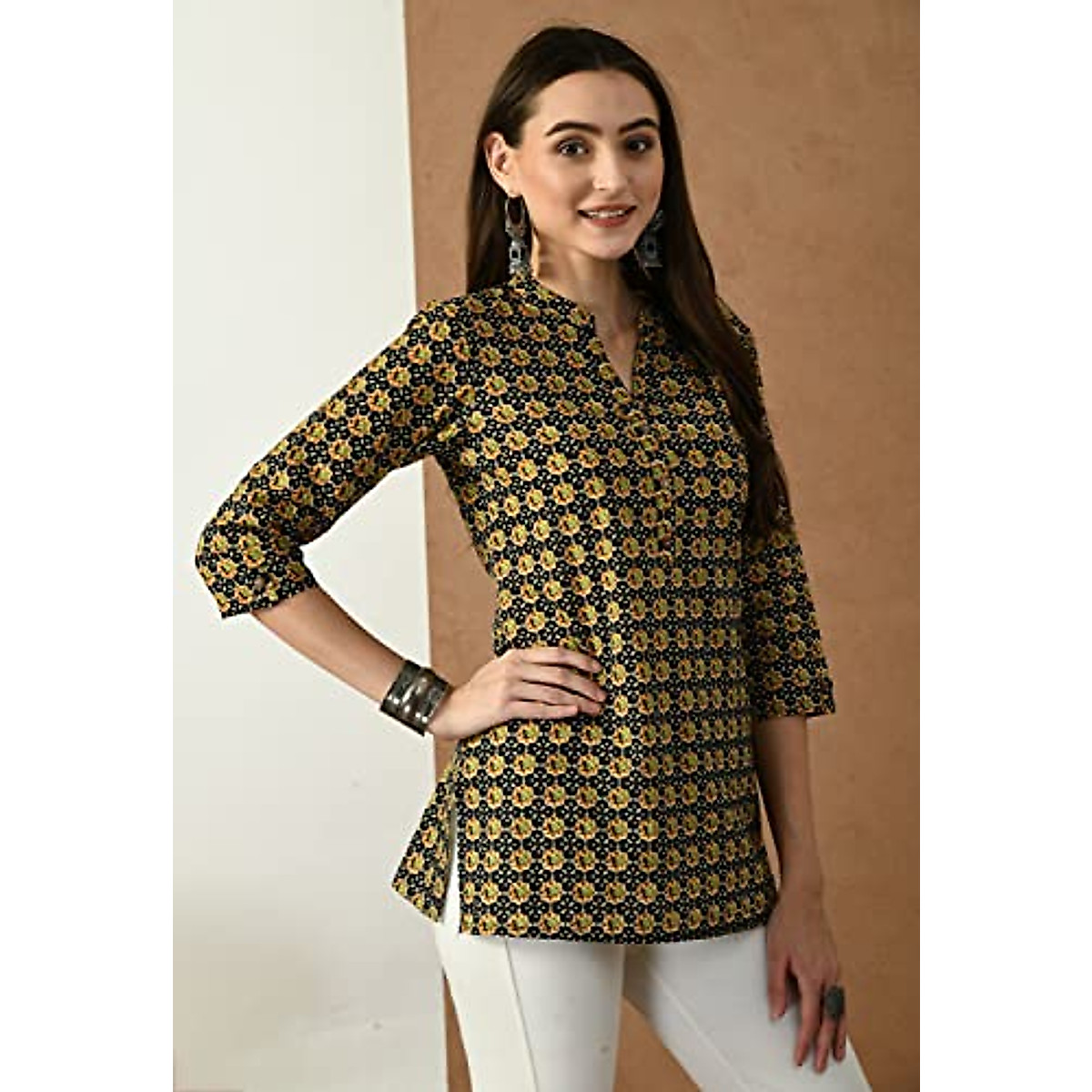 Lagi Women Straight Mandarin Collar 3/4 Sleeves Printed Short Cotton Kurti, Black & Mustard (XS)