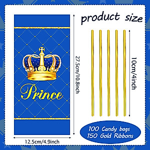 100 Pcs Royal Prince Party Favor Bags Plastic Gift Bags Blue Candy Bags with Ties Treat Bags Goodie Bags with 150 Pcs Gold Twist Ties for Birthday Party Baby Shower Supplies, 5 x 11 Inch