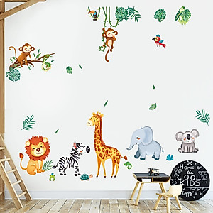 decalmile Jungle Animals Wall Decals Monkey Giraffe Elephant Wall Stickers Baby Nursery Kids Room Living Room Wall Decor