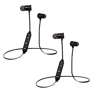 2 Acuvar Wireless Magnetic Rechargeable Ear Buds, in line mic, Volume, Play/Pause Controls (Black)