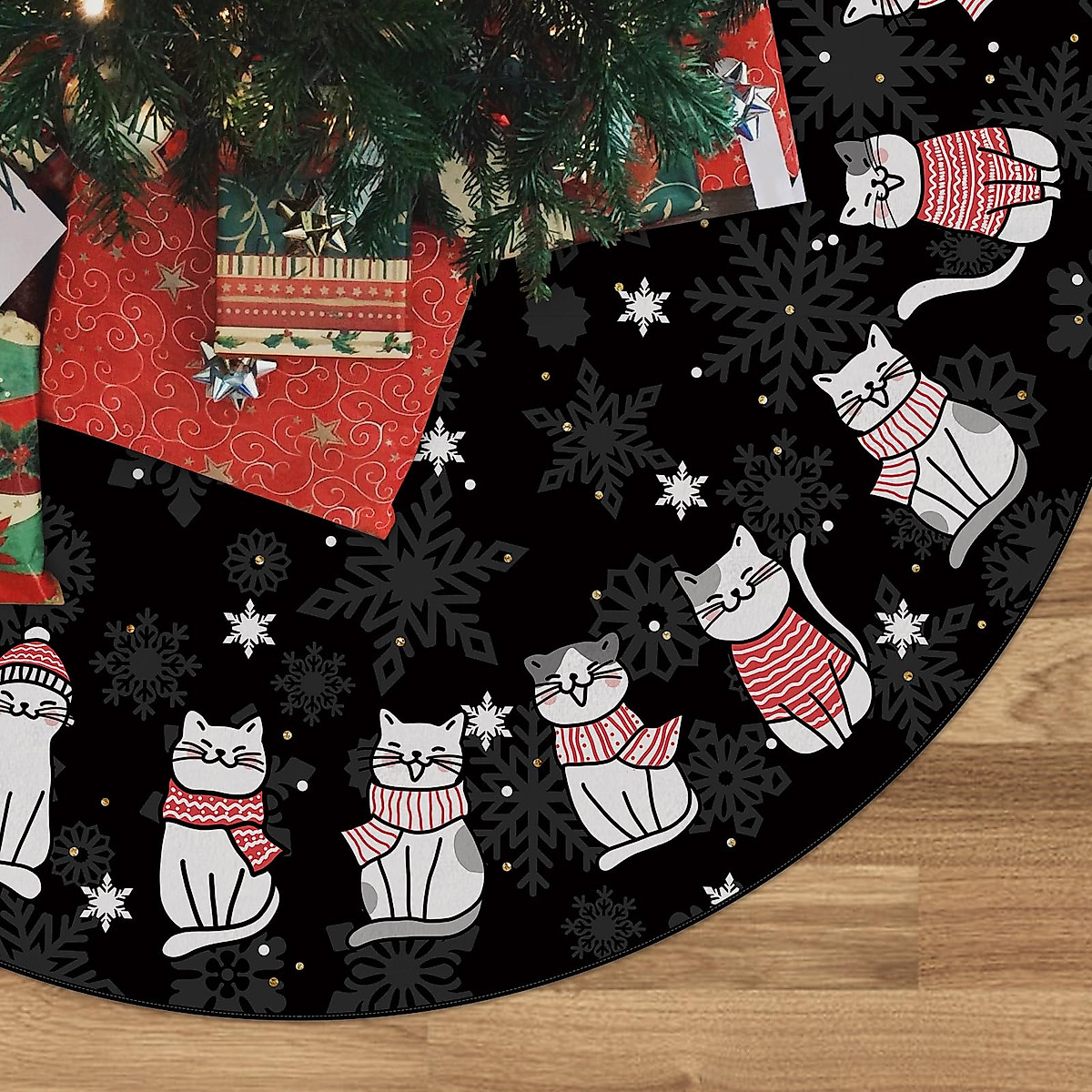 Christmas Tree Skirt Black Tree Skirt Cat Christmas Xmas Winter Tree Skirt 48 Inch for Black Cat Christmas Indoor Outdoor Decorations