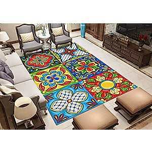 Mexican Talavera Ceramic Tile Pattern Ethnic Folk Ornament Italian Area Rugs Floor Mat Non Slip Throw Rugs Soft Door Mat Nursery Carpet for Living Room Home Indoor Outdoor Runner Rugs Yoga Mat