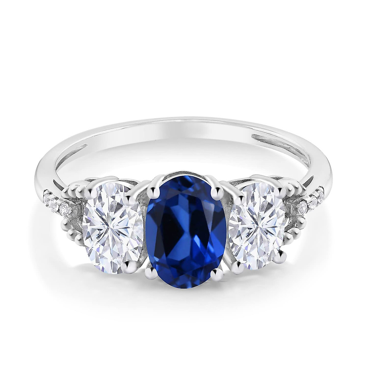 Gem Stone King 10K White Gold Customized and Personalized 3 Oval Gemstone Birthstone and White Diamond Accent Engagement Ring For Women (Size 9)