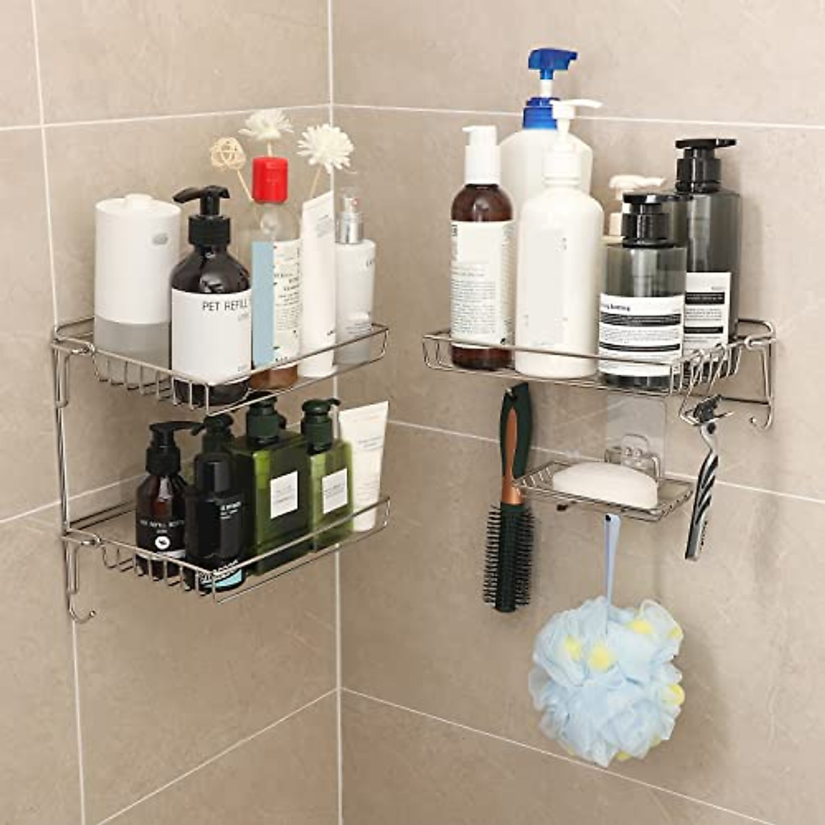 Luoer&Zima Shower Caddy 3-Layers Bathroom Shelf, No Drilling Traceless Adhesive Collapsible Bathroom Storage Organizer, Stainless Steel Rustproof Food Storage Basket 4 Pack