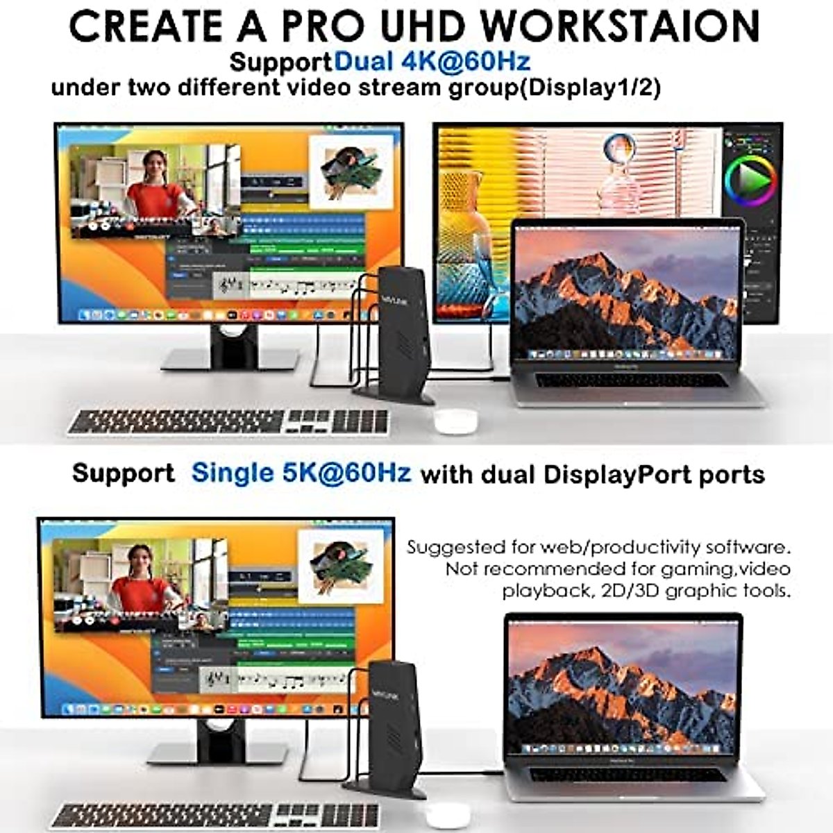 WAVLINK USB 3.0 Universal Laptop Docking Station Dual 5K/4K@60Hz Monitors Display for USB-C and USB-A Windows, MacOS, ChromeOS (2 HDMI & 2 Display Port, Gigabit Ethernet, 5 USB 3.0,Audio)