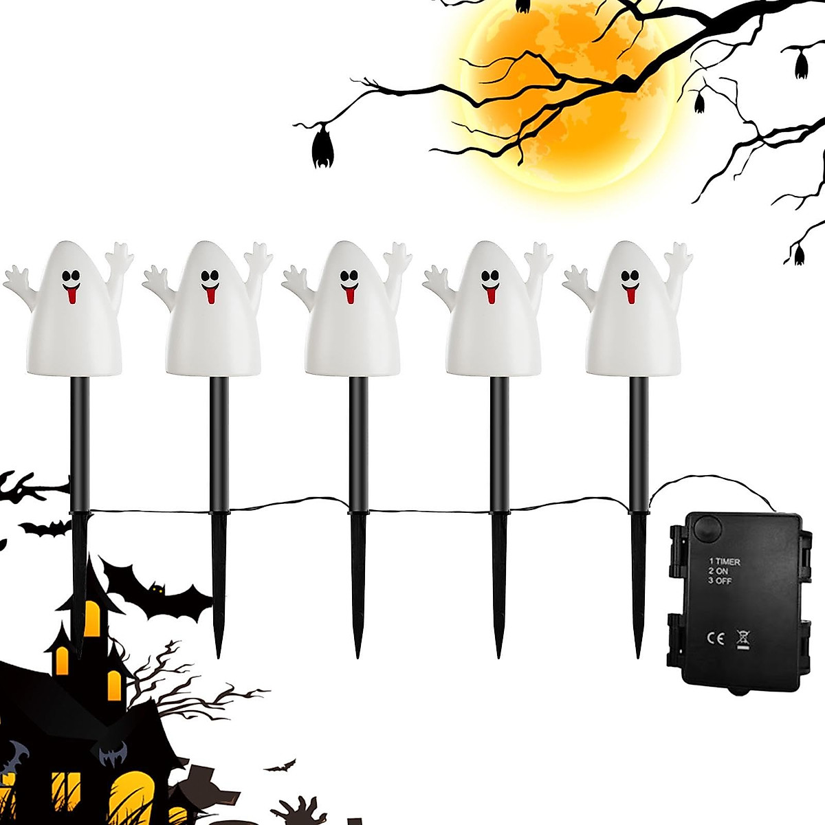 Ghost Yard Stakes, 2 Modes Halloween Decorative Stake Light, Halloween Ghost Led Stake Lights with 2 Lighting Modes, Solar Powered Led Ghost Lights, Light Up Halloween Decorations for Holiday Home