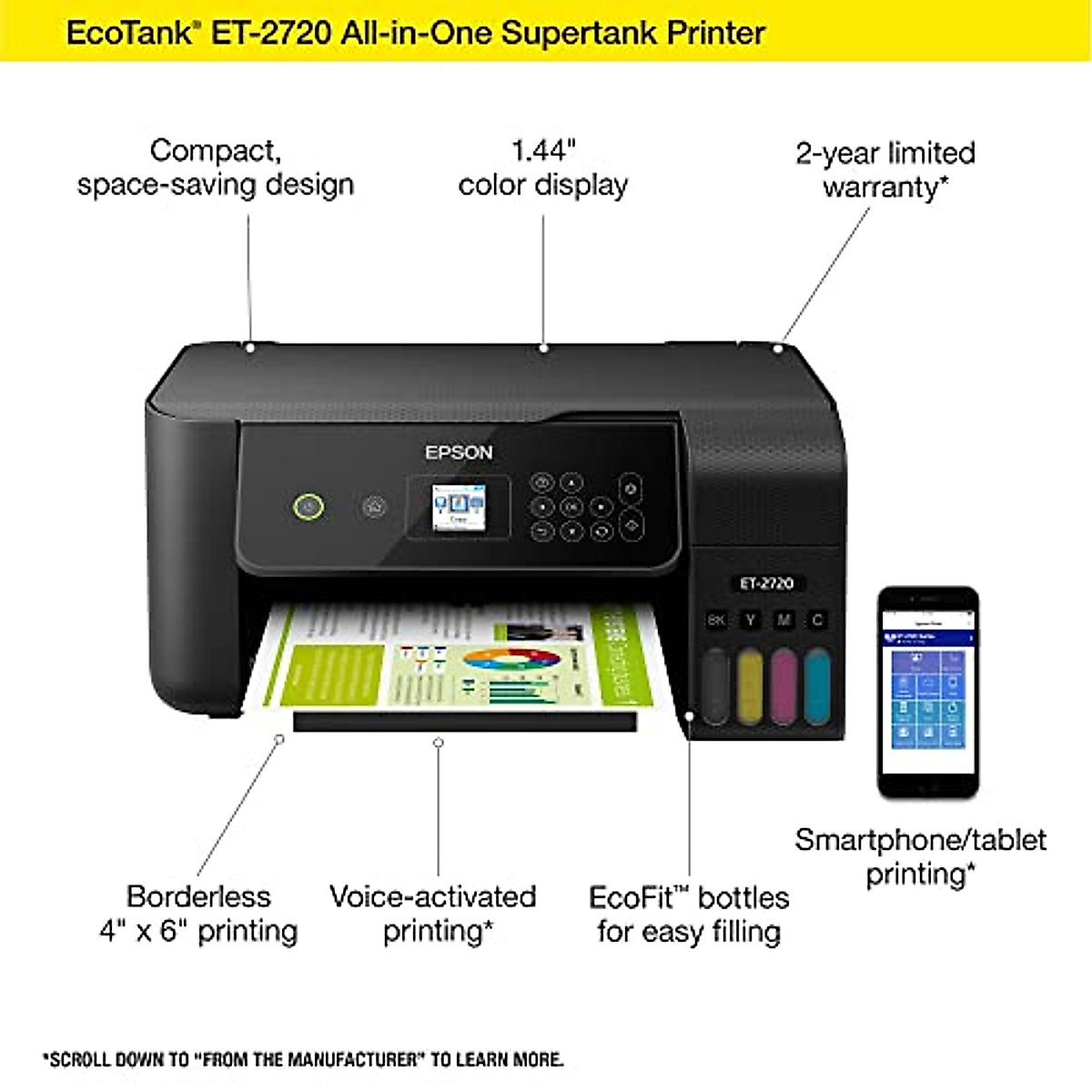 Epson EcoTank ET-2720 All-in-One Supertank Wireless Color Inkjet Printer for Home Office, Black - Print Scan Copy - 10.5 ppm, 5760 x 1440 dpi, Voice Activated, Borderless Photo Printing, Ethernet