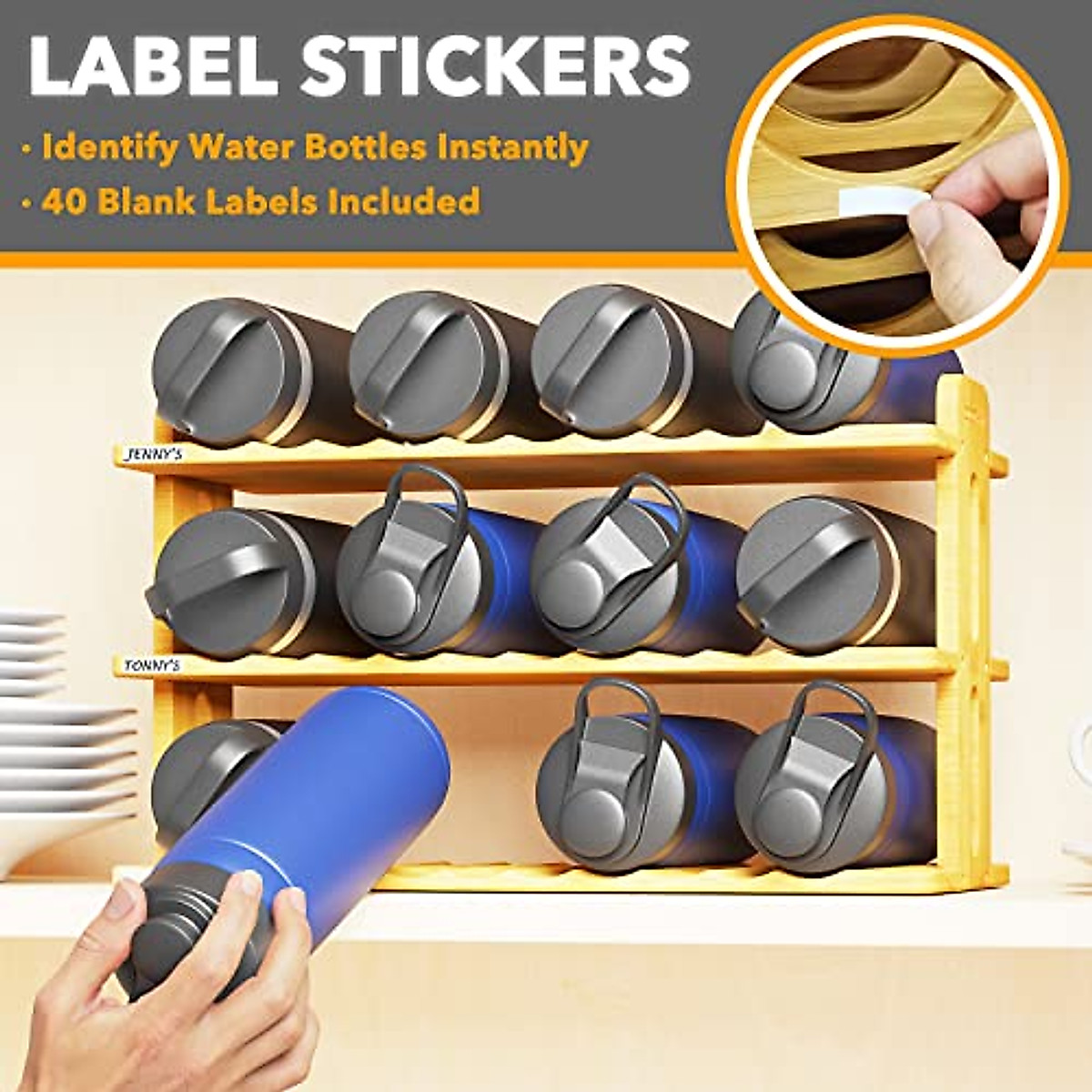 SpaceAid Bamboo Water Bottle Organizer with Labels, Kitchen Pantry Water Bottle Storage Rack for Cabinets, Home Cup and Wine Bottle Holder Shelf Organizers, (3-Tier, Hold 12 Bottles)