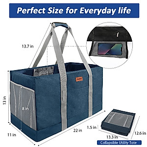 MHOMER Reusable Grocery Bags Extra Waterproof Large Utility Tote Bag with Carrying Handles Foldable Shopping Bags for Storage Space Saving Reinforced Bottom Durable Oxford Fabric Blue