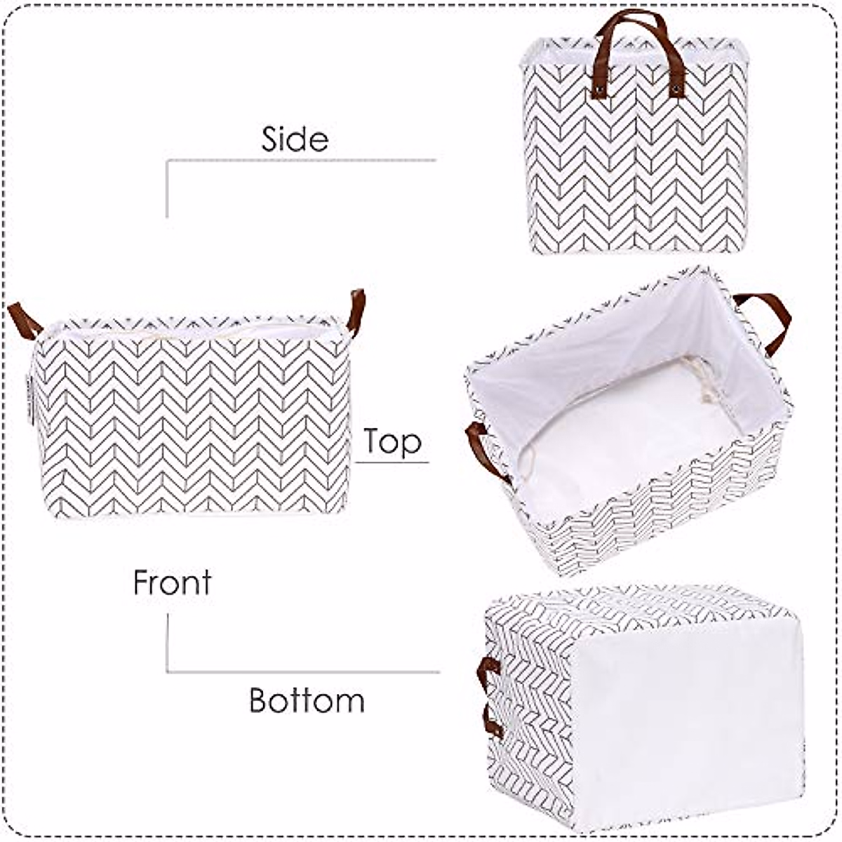 Sea Team Modern Arrowhead Pattern Canvas Fabric Storage Basket Collapsible Geometric Design Storage Bin with Drawstring Cover and PU Leather Handles, 16.5 by 11.8 inches, Waterproof Inner, Grey