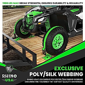 Rhino USA Wheel Chock Tie Down Kit (1,986lb Break Strength) Ultimate Heavy Duty Trailer Tire Straps System for ATV, UTV, Lawn Mower & More - Ratchet Tie Downs Accessories with E Track for Four Wheeler