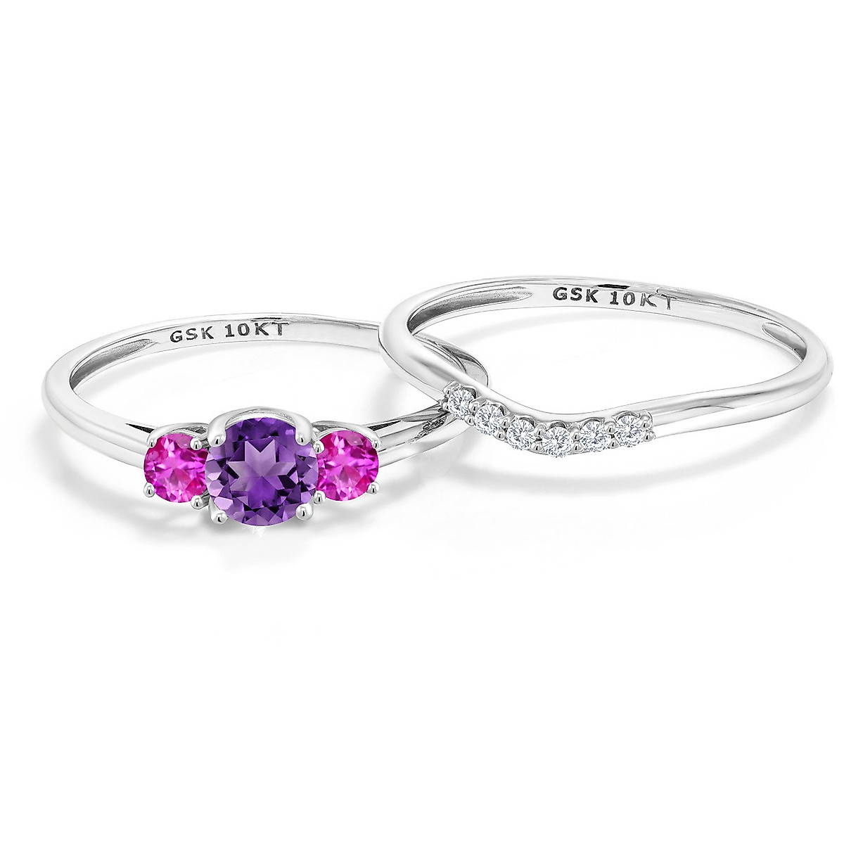 10K White Gold Purple Amethyst and Pink Sapphire and White Lab Grown Diamond 3-Stone Bridal Engagement Wedding Ring Set For Women (0.78 Cttw, Gemstone February Birthstone, Round 5MM, Size 9)