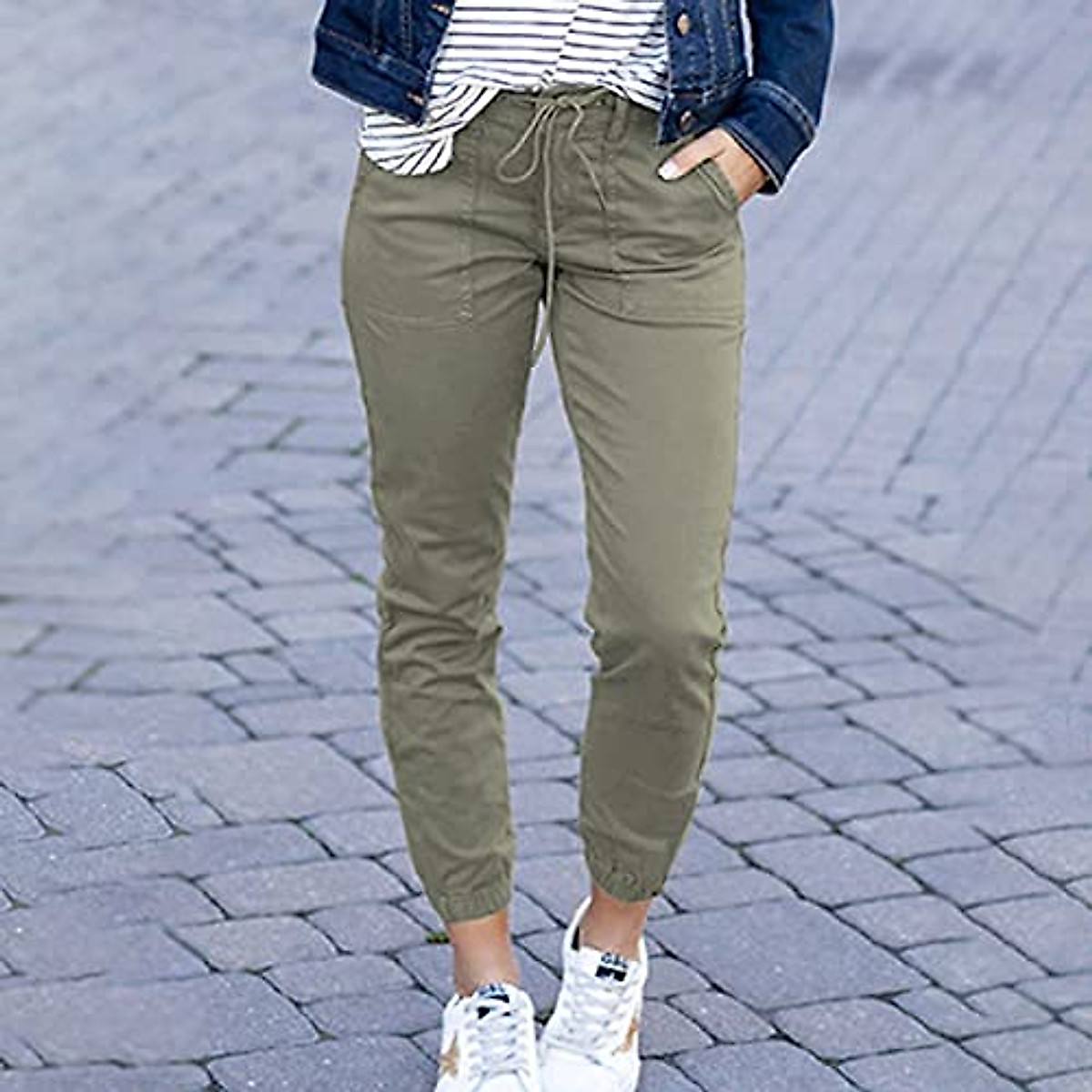 Stretchy Work Pants for Women, Beach Pants Women Striped Pants Women's Flowy Pants with A Tie Fashion Summer Slim Pocket Cropped Solid Color Lace Casual Pants High Waist Wide Pants (M, Army Green)