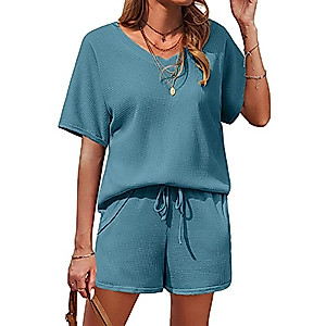 Ekouaer Womens Pajamas Set Shorts Waffle Knit Pjs Soft Loungewear Cozy Sleepwear Cotton Lounge Wear 2 Piece Matching Set Peacock Blue XXL