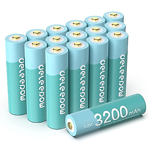 Deleepow Rechargeable AA Batteries NiMH 3200mAh 1.2V Double A Batteries with Gold Plated Pole 1200 Cycles Pack of 16