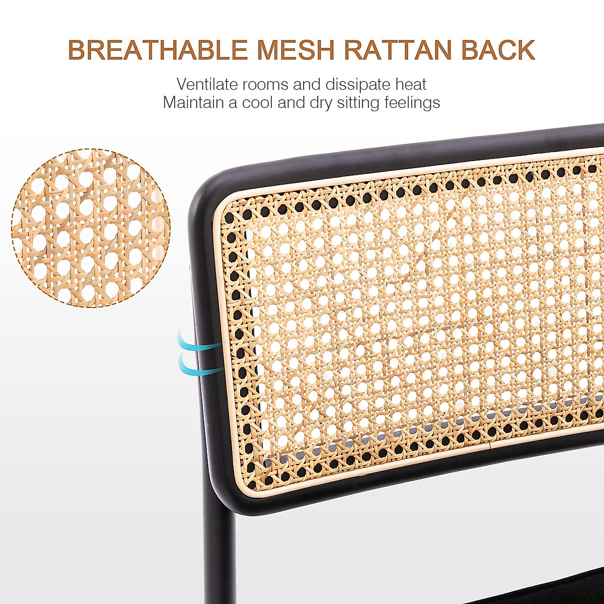 Zesthouse Rattan Dining Chairs Set of 2, Velvet Accent Chairs with Natural Cane Back & Stainless Chrome Base, Modern Mid Century Breuer Designed Chairs, Upholstered Dining Room Kitchen Chairs