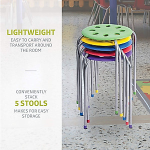 Pearington Plastic Classroom Stools for Kids, Multipurpose Stool Chairs, Flexible Seating, Stacking Stools, Stainless Steel Legs - Set of 5, Multi-Color