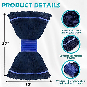 3 Pack Heavy Duty Commercial Mop Head Replacement for Floor Cleaning, Wet Industrial Cotton Looped End String Cleaning Mop Head Refill for Home/Industrial/Commercial Cleaning (Blue)