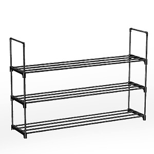 BIWHALE 3-Tier Stackable Shoe Rack, Expandable & Adjustable Fabric Shoe Shelf Storage Organizer, Black