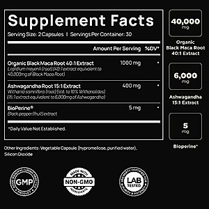ELMNT 40,000mg 40x Strength Organic Black Maca Root w. Ashwagandha - Highest Potency Black Maca Root Capsules for Men with 100% Pure Maca Peruana Powder Organic, Gelatinized, Non-GMO - 60 Pills