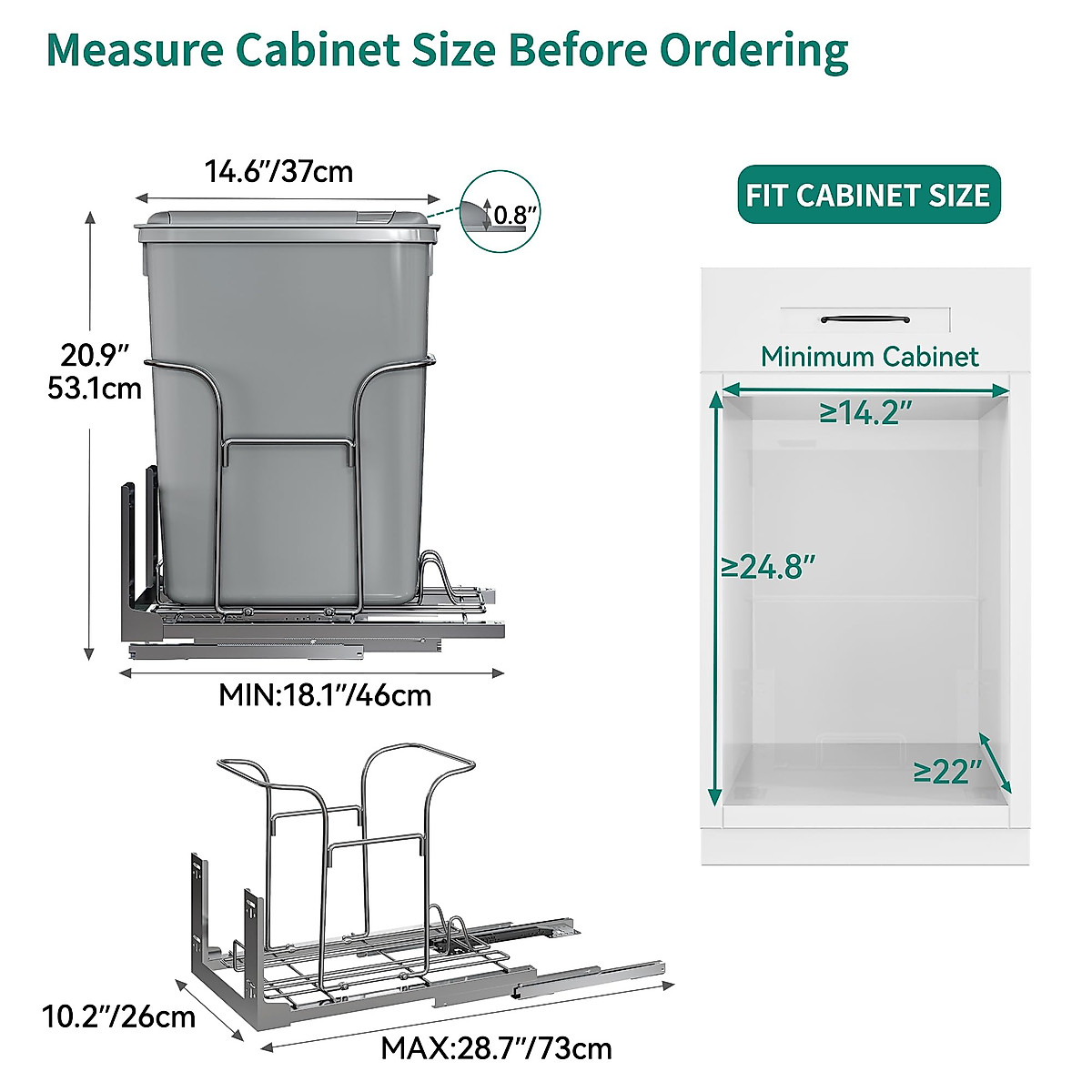 YITAHOME 32 Quart Pull-Out Trash Can Recycling Bin with Lid for 14.2" W x 22" D x 24.8" H Minimum Cabinets, Sliding Under Mount Kitchen Waste Garbage Container with Soft-Close Slides, Gray