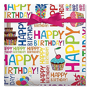 Current Happy Birthday Words with Dots Reversible Double-Sided Jumbo Gift Wrap Roll, 23 inches x 32 feet per roll