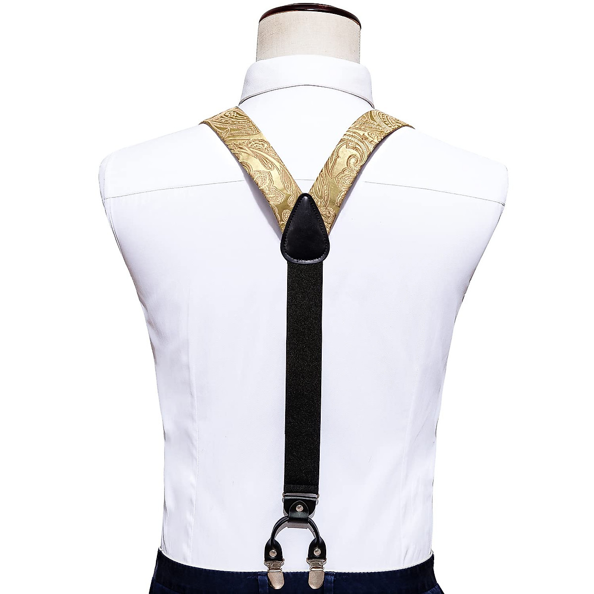 Barry.Wang Men Suspender Set with Necktie Elastic Y Type Heavy Duty 6 Clips Braces Designer Gift (Paisley Gold Flower)