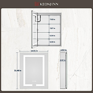 Keonjinn 24 x 32 LED Medicine Cabinet for Bathroom with Light Adjustable Shelves Electrical Outlet Dimmable Defogging 3 Color Light Tempered Glass LED Vanity Mirror with Storage Recessed/Surface Mount