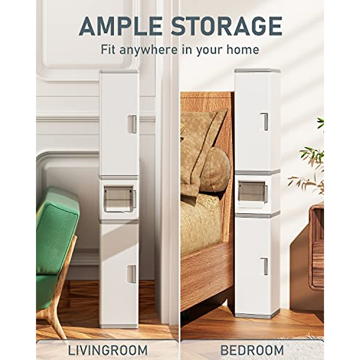 ESTHELLO Bathroom Storage Cabinet with Roll Toilet Paper Holder, Narrow Tall Cabinet Storage, Waterproof Coner Shelf, Compact Bathroom Storage Organizer for Small Bathroom (3 Layers)