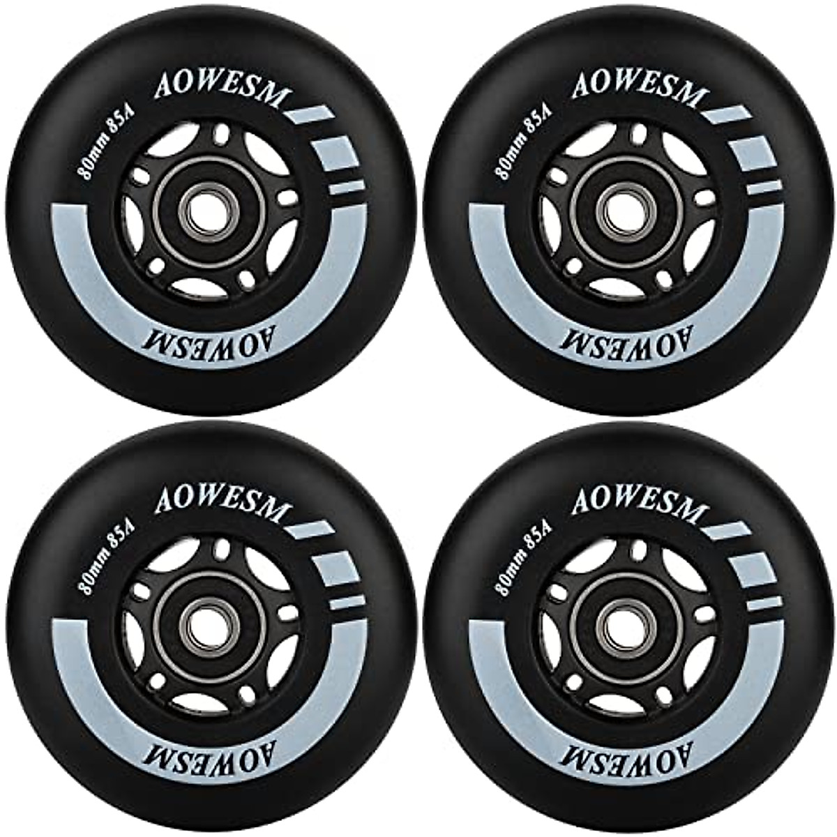 AOWESM Inline Skate Wheels 72mm 76mm 80mm 85a Outdoor Roller Blades Hockey Skates Replacement Wheels w/Bearings ABEC-9 and Floating Spacers (4 Pack) (Black, 72mm)