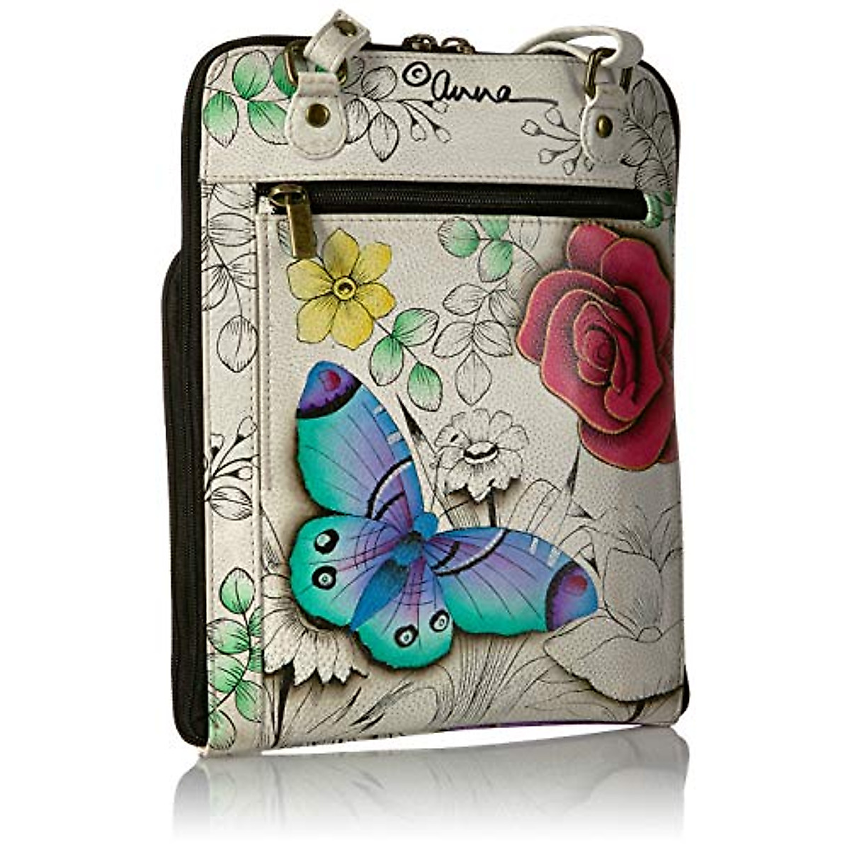 Anna by Anuschka Women's Genuine Leather Tall Zip-Around Cross Body| Hand Painted Original Artwork | Floral Paradise