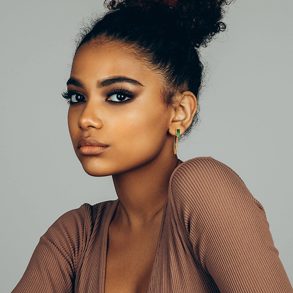 Emerald Earrings For Women,Green Cubic Zirconia With 14K Real Gold Plated Chain Dangle Earrings For Women,Gift For Birthday Mother's Day And Anniversary.